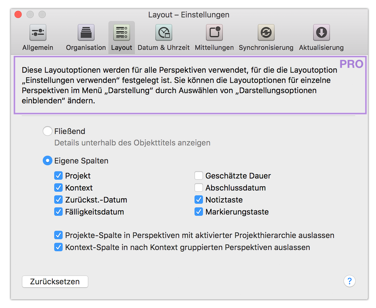 OmniFocus 2 für Mac-Benutzerhandbuch – Einstellungen
