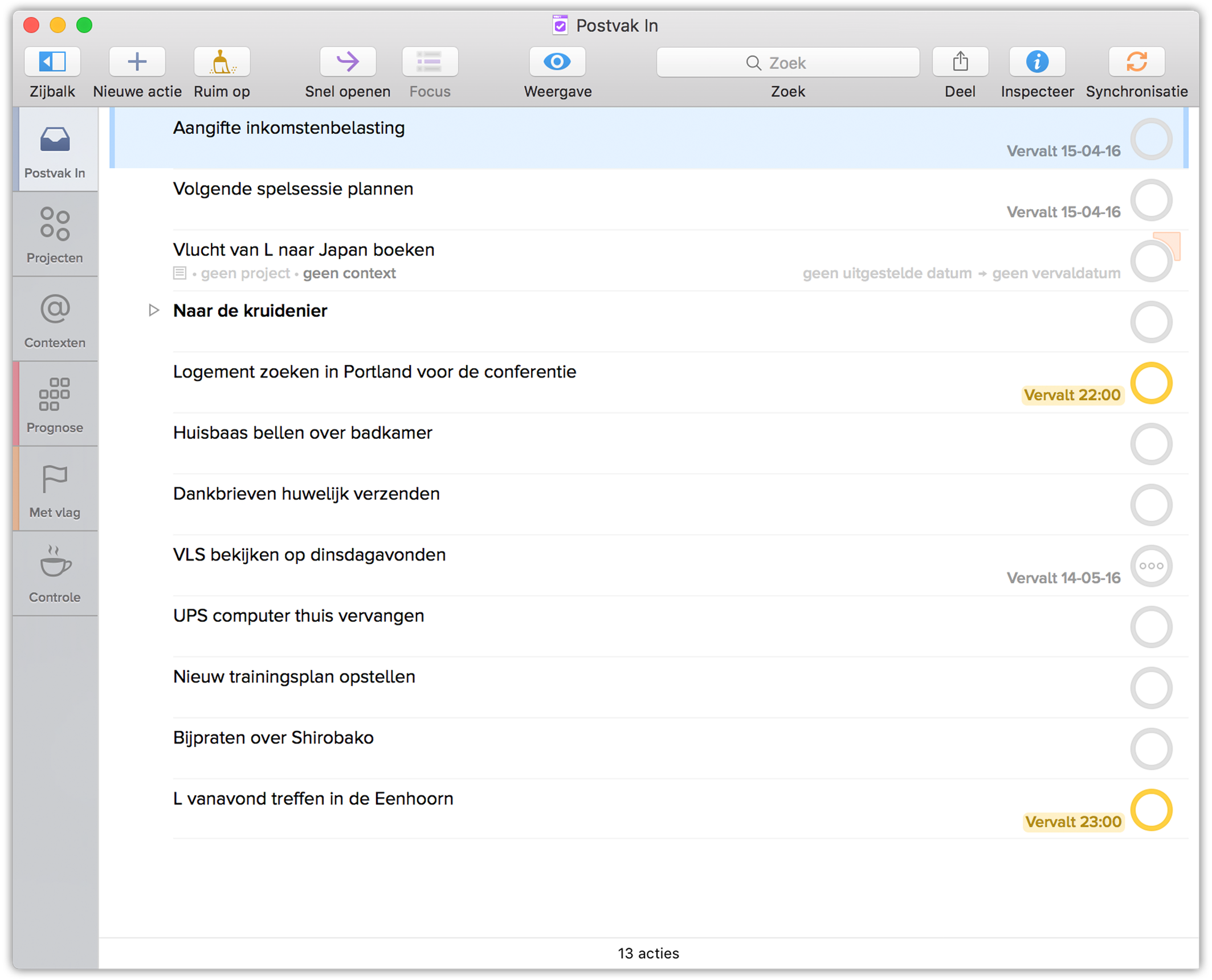Handleiding OmniFocus 2 voor Mac — Postvak In, Onderdelen en Acties