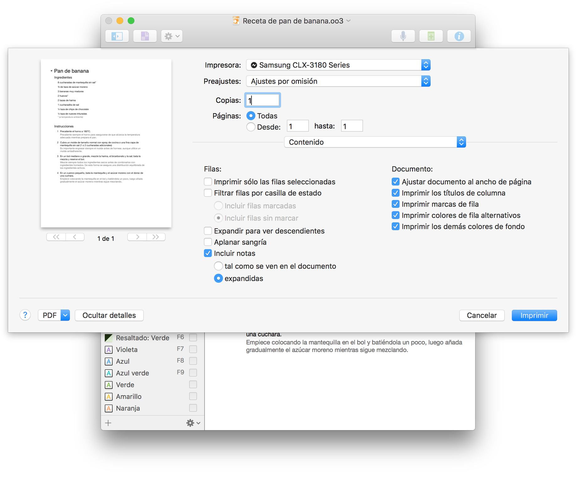 Manual del usuario de OmniOutliner 4.5.3 para Mac -- Imprimir desde OmniOutliner