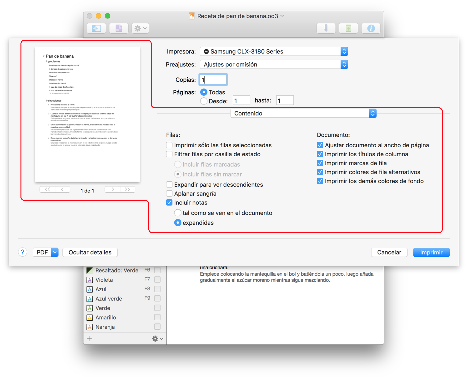 Manual del usuario de OmniOutliner 4.5.3 para Mac -- Imprimir desde OmniOutliner