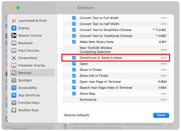 Image showing the Keyboard Shortcuts window in System Settings, with the OmniFocus 4: Send to ...