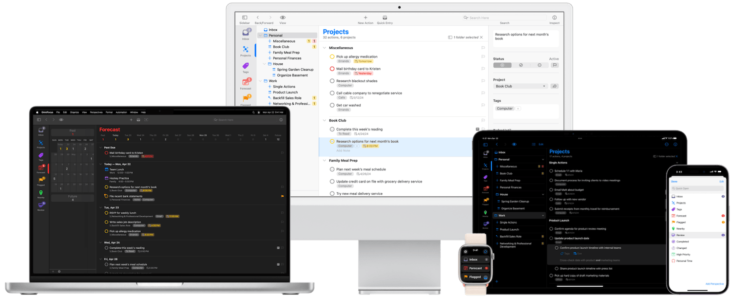 Image of OmniFocus 4 on Mac, iPhone, iPad, and Apple Watch, showing different views of the ...